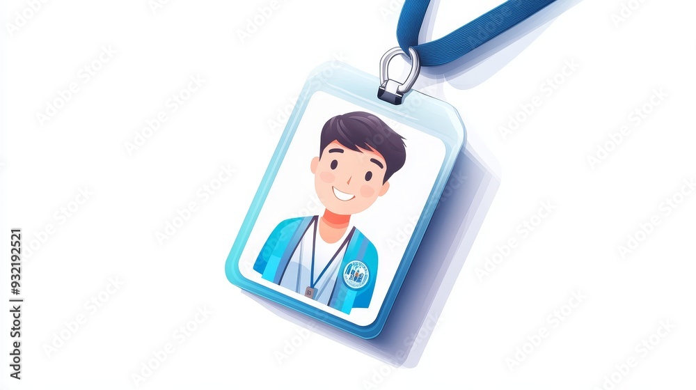 Smiling Male Employee ID Card with Lanyard - A cartoon-style ID card ...