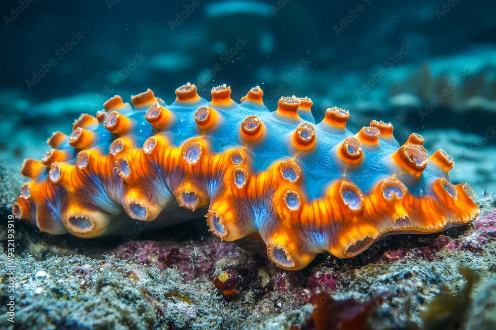 Vibrant Sea Slug on Coral Reef - A stunning sea slug with bright blue ...