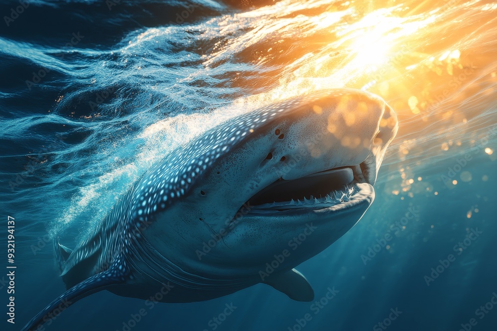 Whale Shark Swimming in Sunlight - A whale shark swims through the ...