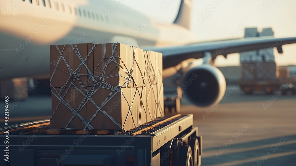 Cargo being loaded onto an aircraft at an airport during sunset ...
