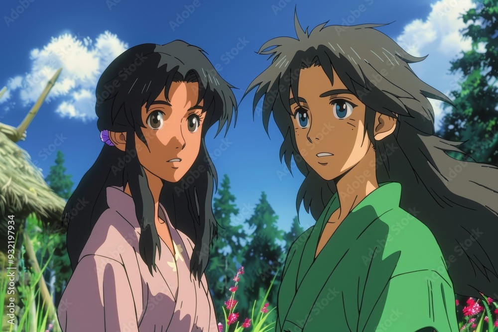 Classic anime image of two characters against bright blue sky and ...