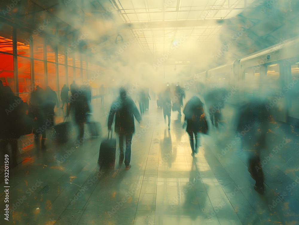 The misty train station is crowded with hazy silhouettes of commuters ...