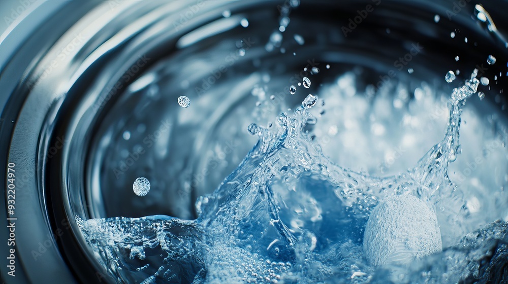Splashes and clean water flow in a washing machine drum. Washing powder ...