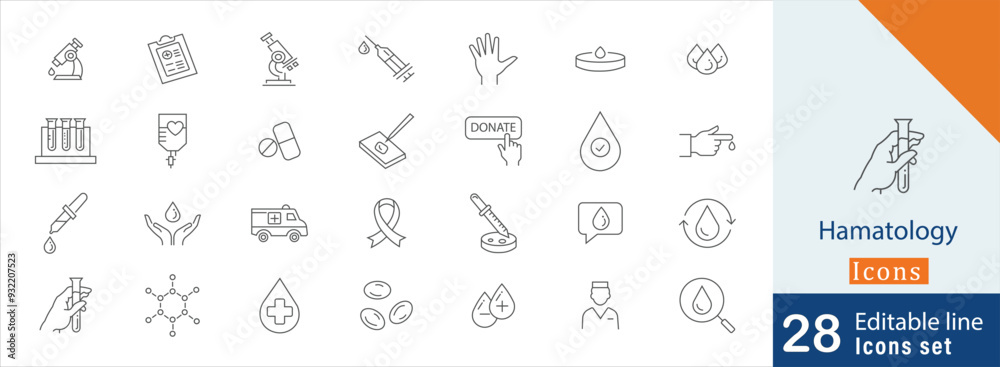 Hematology editable thin line icon set with cardiology, laboratory tube ...