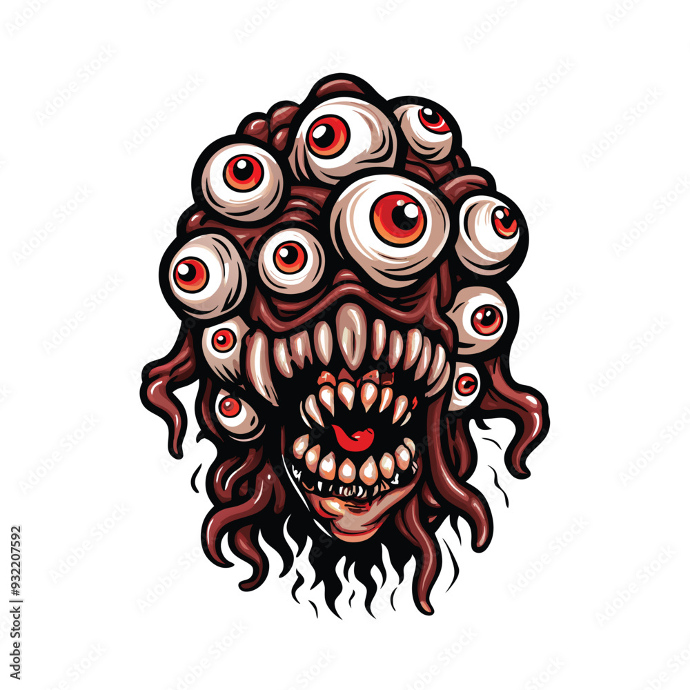 Illustration of a grotesque creature with multiple heads, each with a ...