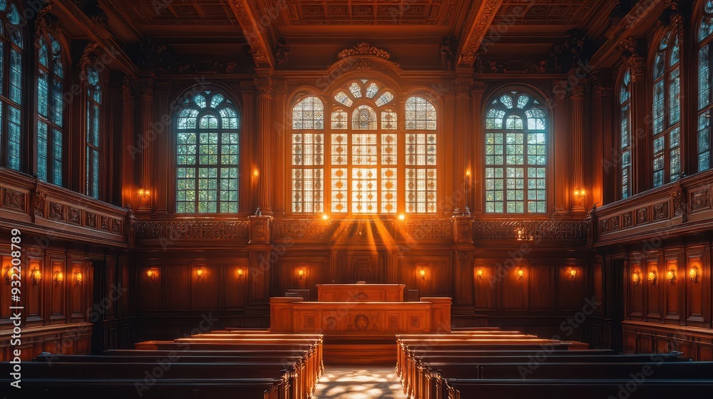 imposing courtroom interior with ornate wood paneling judges bench and ...
