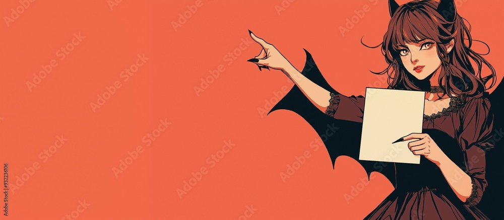 Anime beautiful young woman vampire with bat wings and horns holding ...