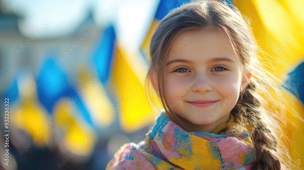 Happy smiling Ukrainian child young girl against blurred ukrainian ...