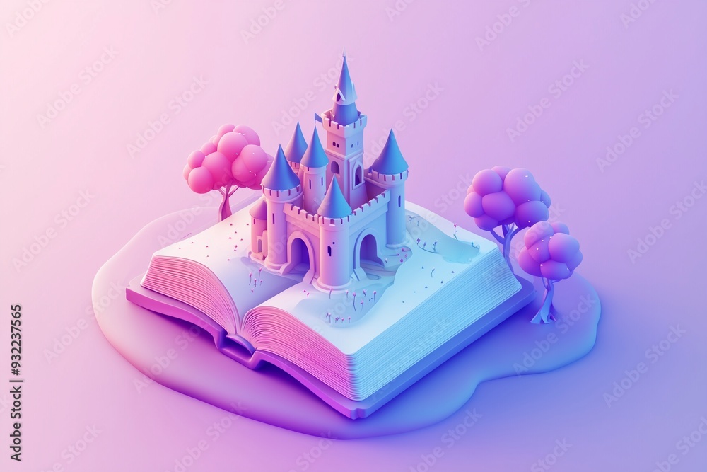 3D cartoon-style illustration of an open book with a castle emerging ...