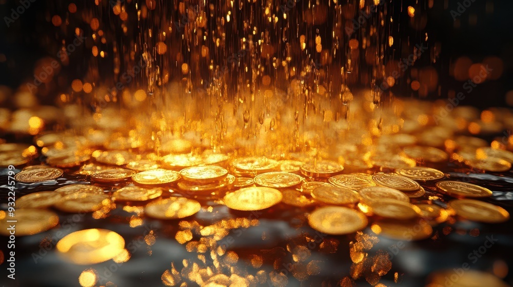 mesmerizing golden coin waterfall cascading against deep black backdrop ...