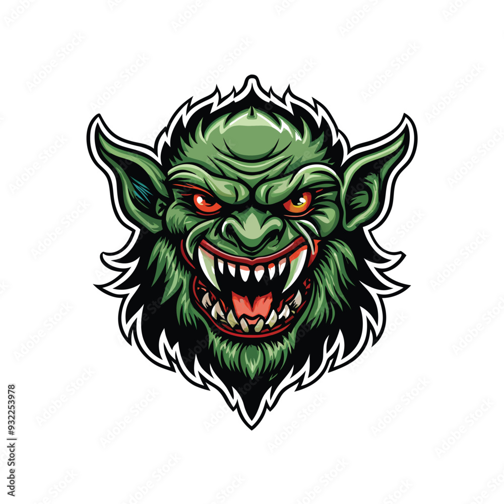 An illustration of a green troll face with sharp teeth and red eyes, in ...