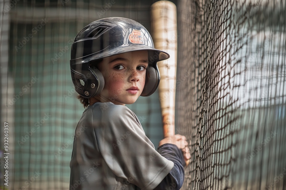 A young boy in a helmet stands poised with a baseball bat inside a ...