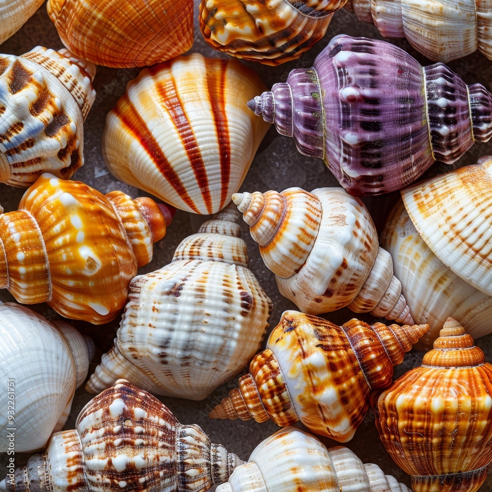 Admire the vibrant seashells on the sandy shore, with unique patterns ...