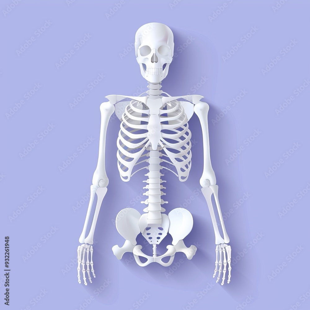 The image shows a complete human skeleton with a realistic bone texture ...