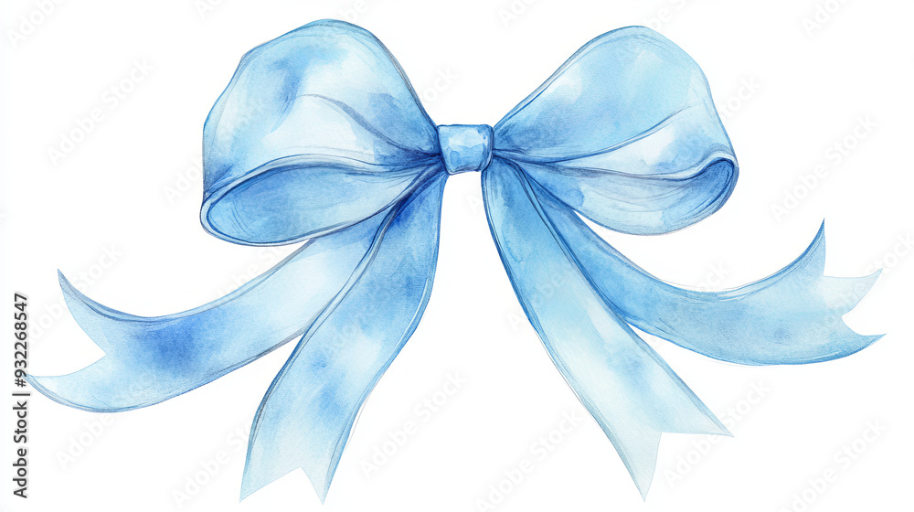 A watercolor-style clipart of a blue bow with long, flowing ribbons ...