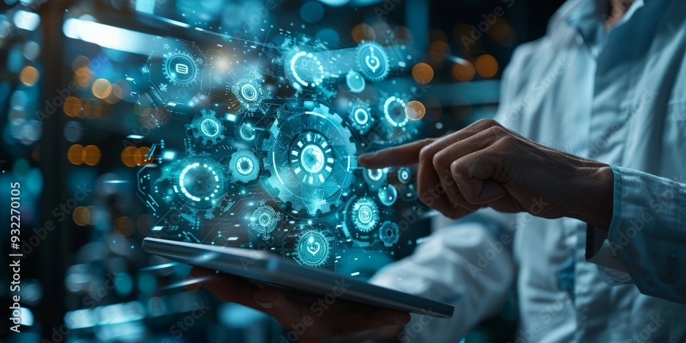 Engineer using a digital tablet to interact with futuristic gears and data visualization in a ...