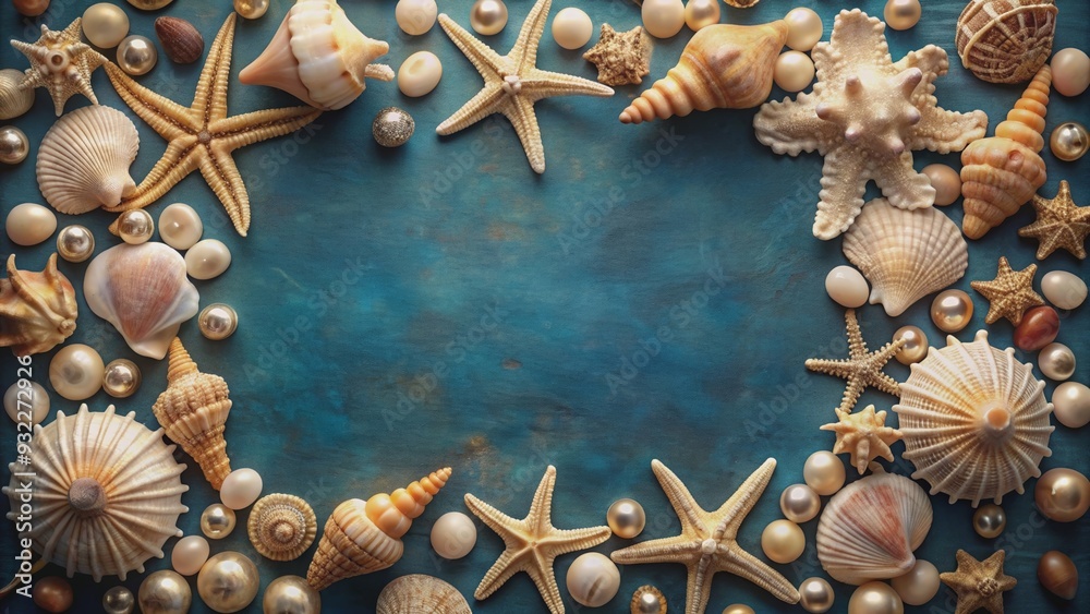 Marine border frame with seashells, starfish, pearls on dark blue ...