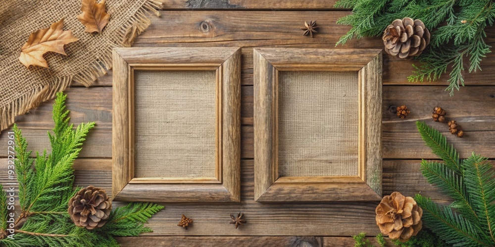 Mockup flatlay rustic frame with two 5x7 frames surrounded by natural ...