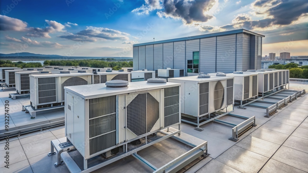 Industrial building rooftop with multiple air conditioners installed ...