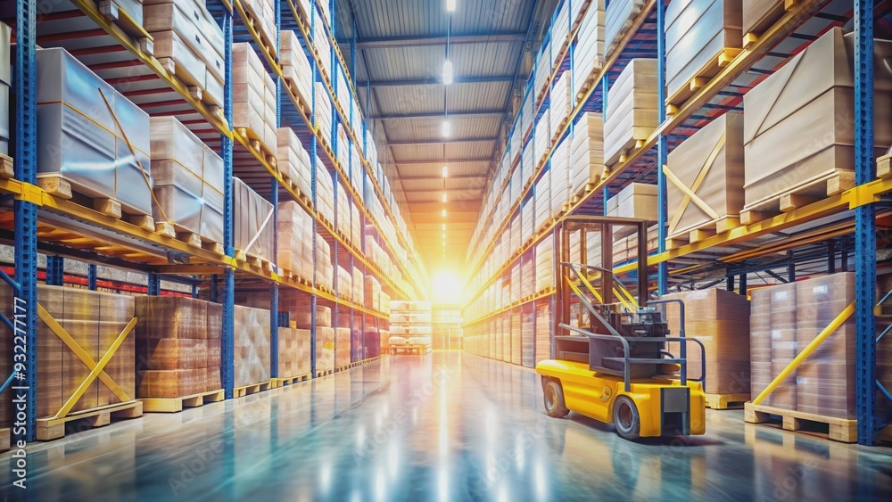 Blurred virtual background of warehouse with shelves and forklifts ...