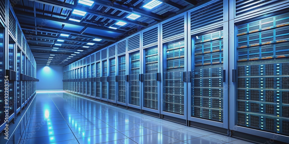 Abstract technology background with rows of rack-mounted servers in a ...