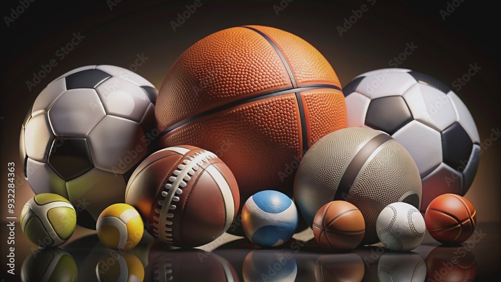 Dynamic composition of various sports balls in engaging display, sports ...