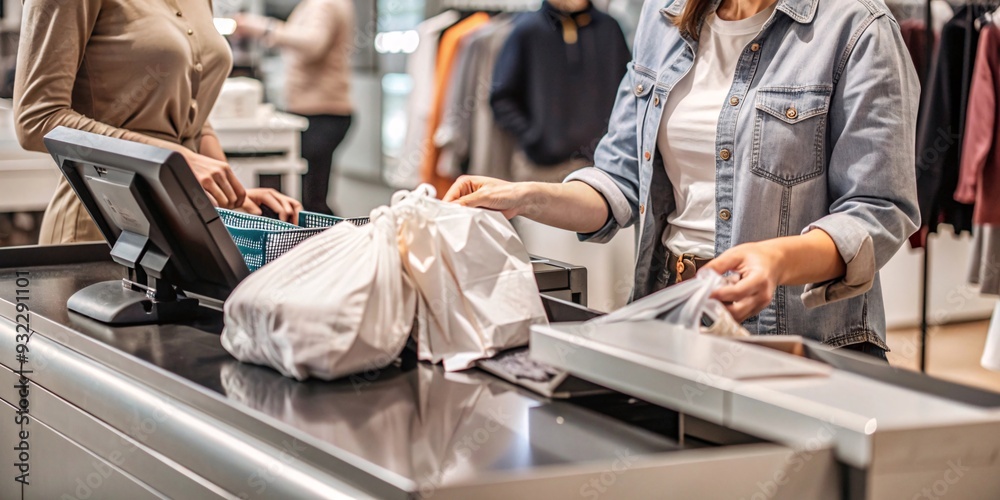 Retail Checkout: Customers Making Purchases at Clothing Store Counter. An image capturing the ...