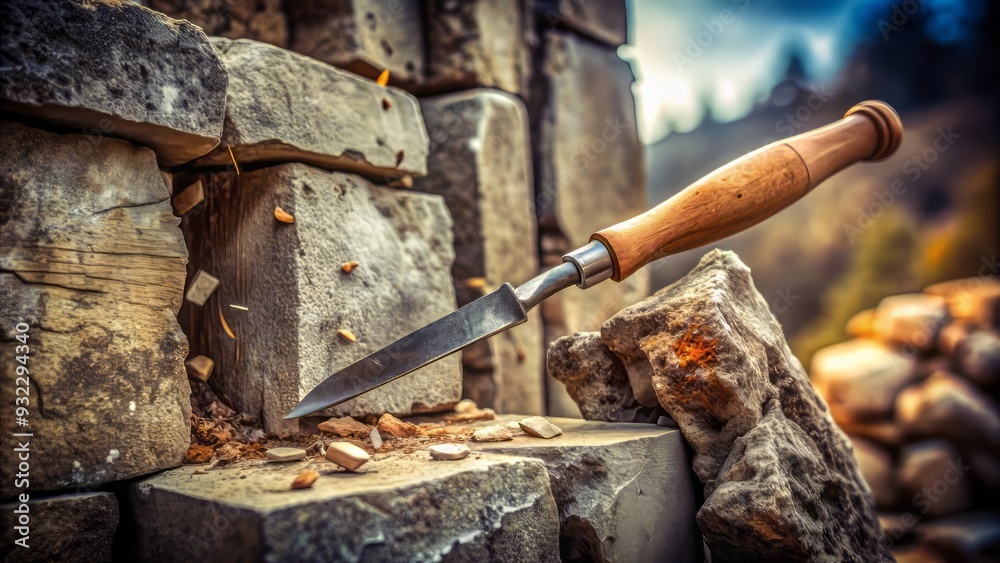 Ancient stone yields to the chisel's sharp edge, worn smooth by time's ...