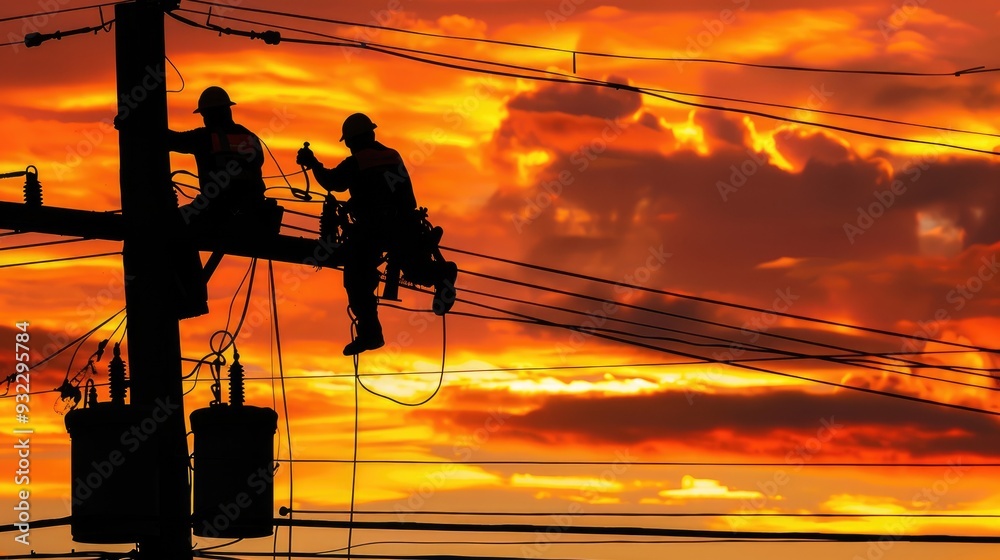 Dedicated effort - men working on electricity pole, skilled workers ...