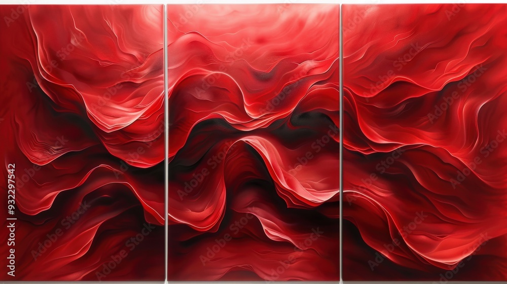 Generate a triptych of abstract wall art panels with vibrant red ...