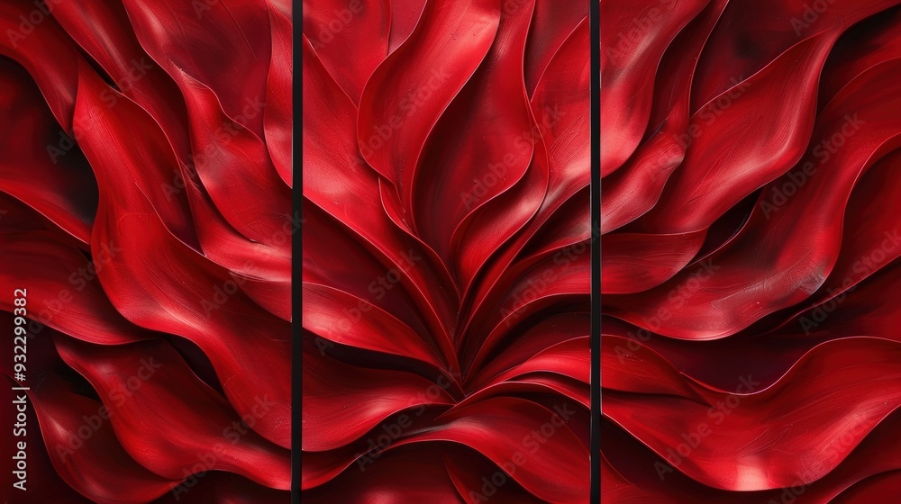 Craft an abstract set of three wall art panels with vibrant red flowing ...