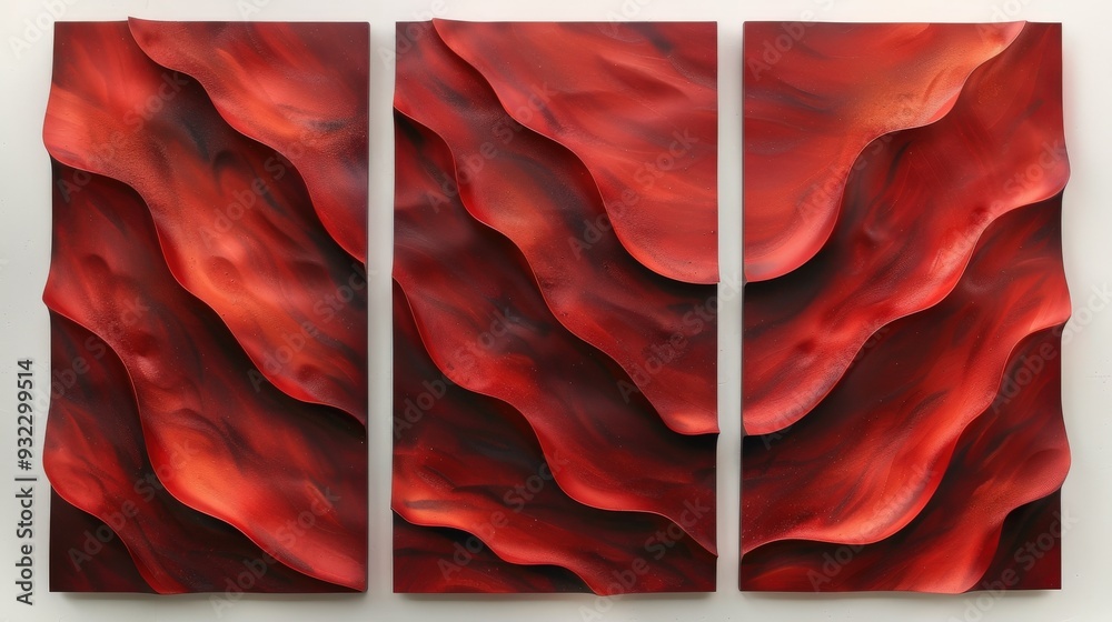 Produce a set of three abstract panels with vibrant red flowing ...