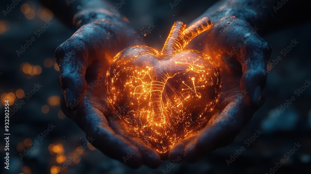 surreal heart health visualization glowing anatomical heart cradled in ...