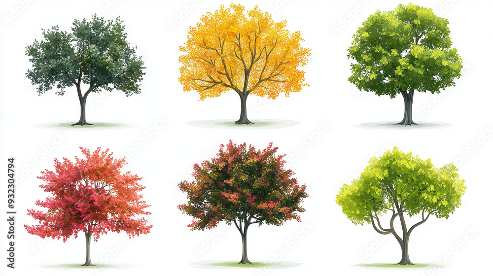 A collection of trees featuring red, yellow, and green foliage. These ...