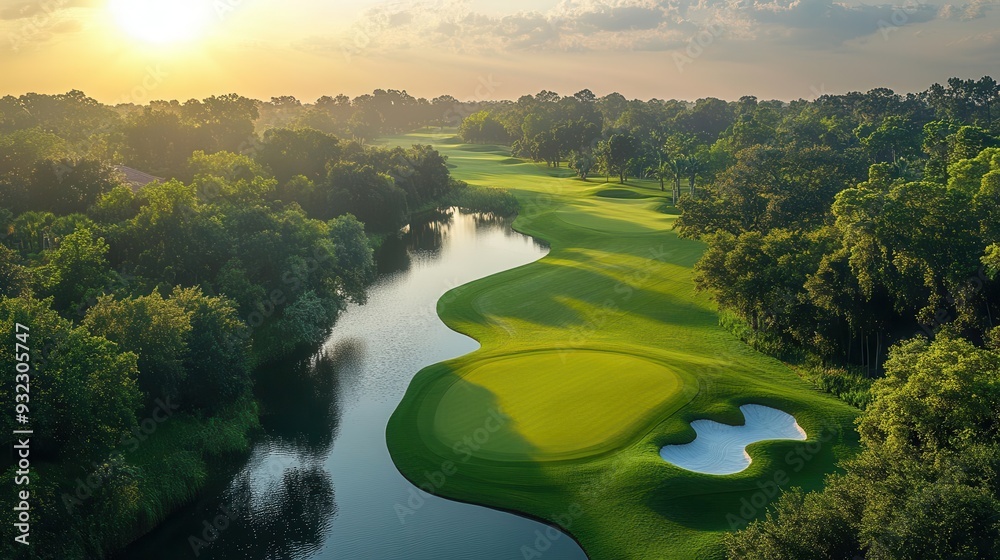 sweeping aerial view of a lush golf course undulating green fairways ...