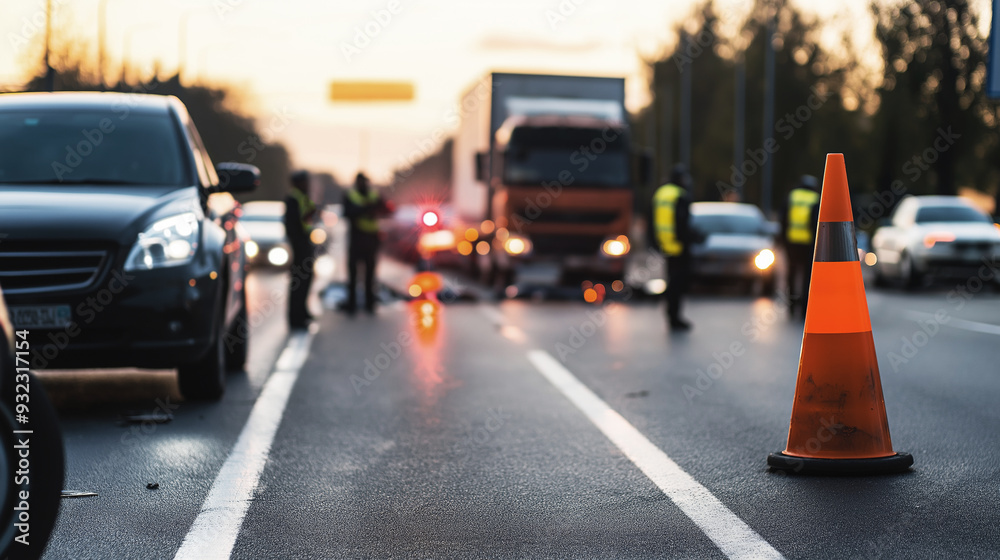 Traffic cone placed on a road during a sunset, marking a scene of a car ...