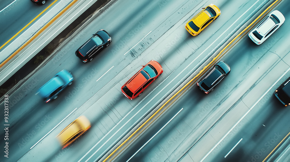 Aerial view of cars driving on a multi-lane highway with some vehicles ...