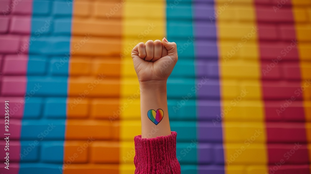A raised fist with a rainbow heart tattoo symbolizing love, pride, and ...