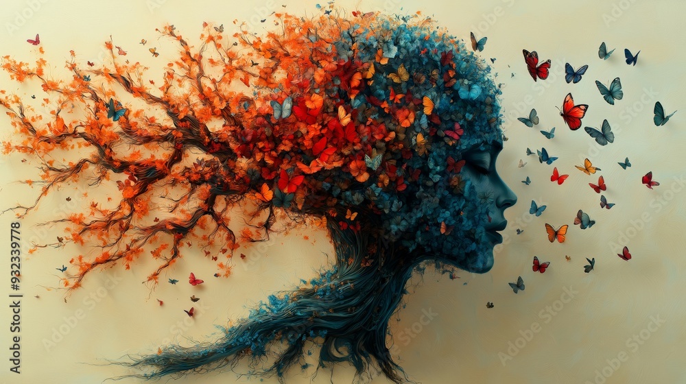 A face transforming into branches and butterflies, representing the ...