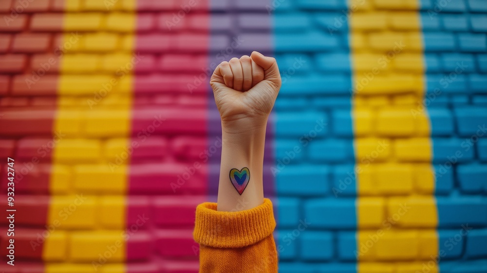 A raised fist with a rainbow heart tattoo symbolizing love, pride, and ...