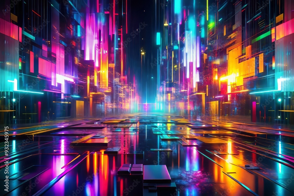 Bright neon hues bleed across distorted digital terrain, abstracted ...