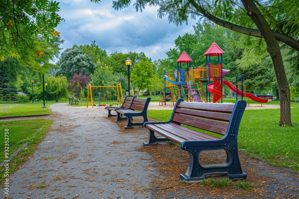 Row of wooden park benches for seating in outdoor public spaces Stock ...