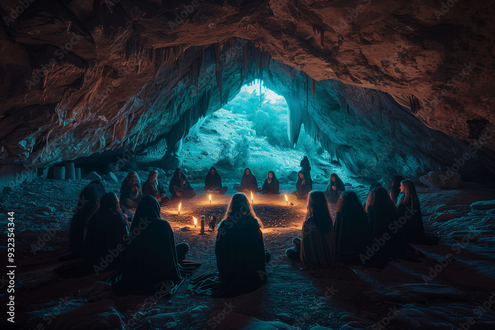 Coven of Witches in a Cave gathers for a sinister ritual, chanting dark ...