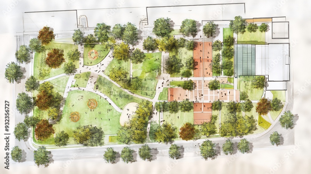 Detailed architectural blueprint for public park design focusing on ...