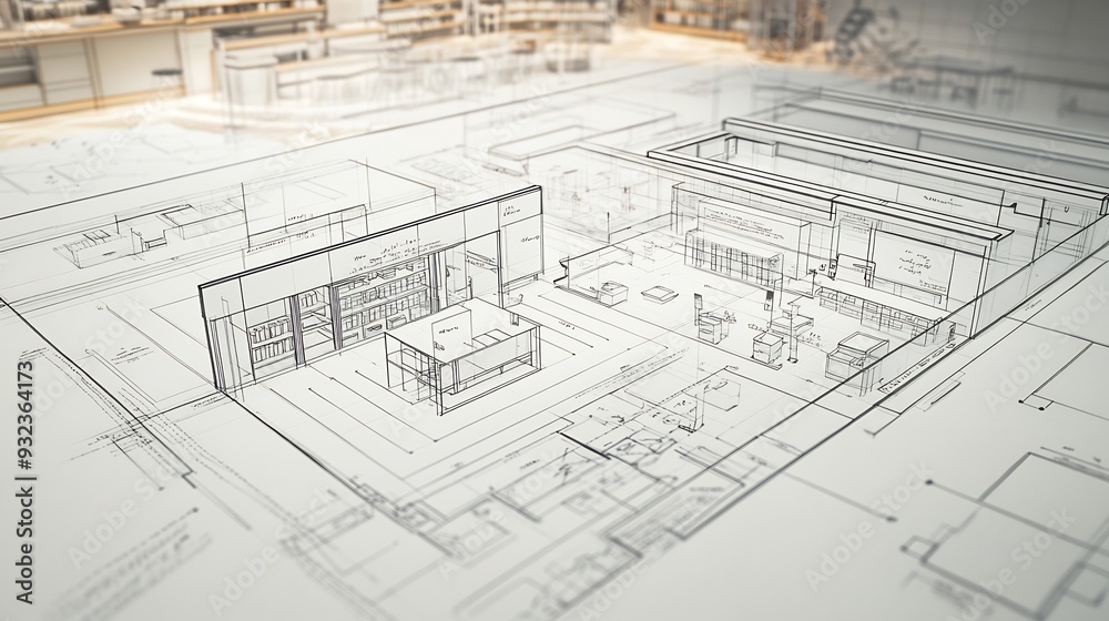Detailed architectural blueprint for retail store design focusing on ...
