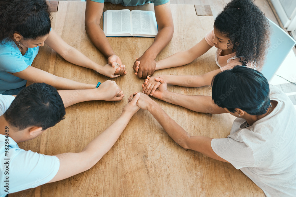 Religion, family and holding hands for prayer at table in home with ...