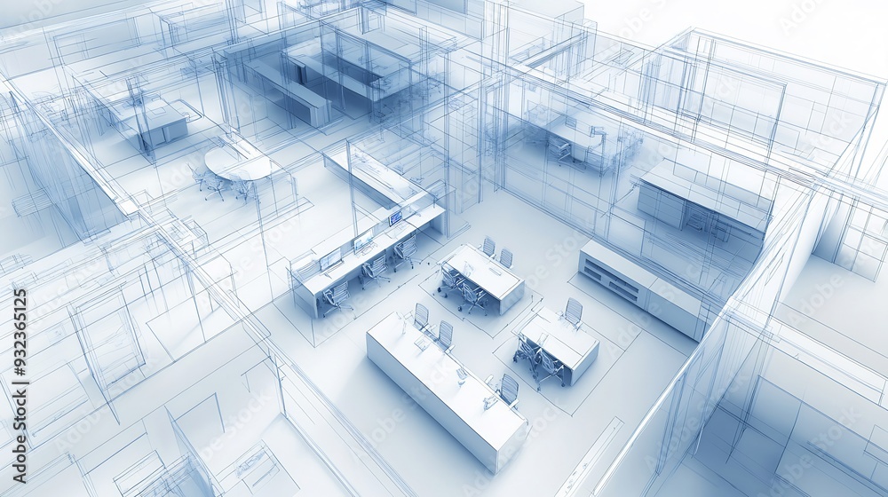 Detailed architectural blueprint for hightech office design focusing on ...