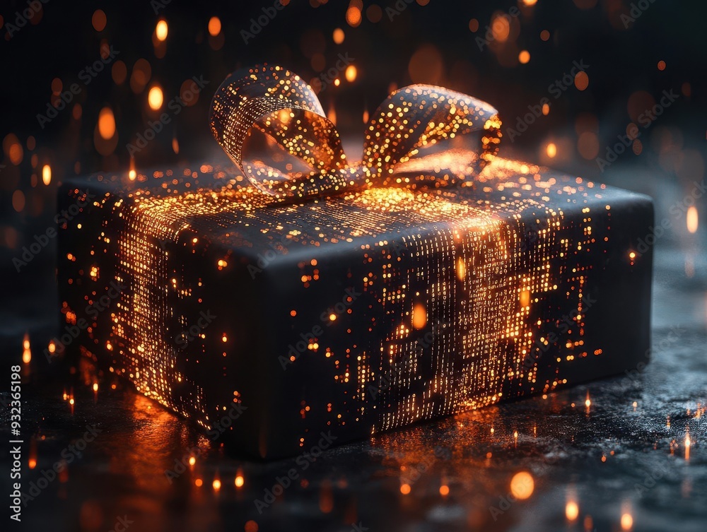 elegant black gift box with a golden ribbon that transforms into a ...