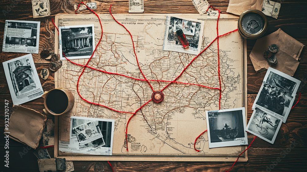 Detective Board with Fingerprints, Photos, Map, and Clues Connected by ...