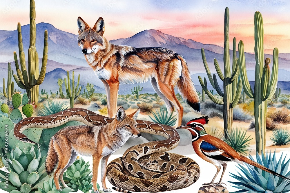 Watercolor Artwork of Desert Animals Coyote Rattlesnake and Roadrunner ...